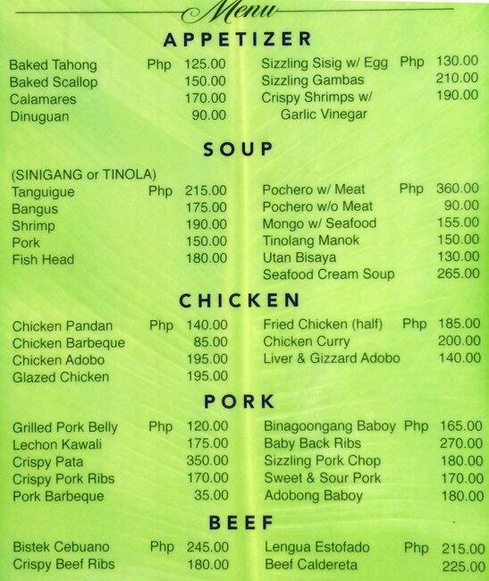Menu at Tsiboom, Mandaue City, Ouano Ave