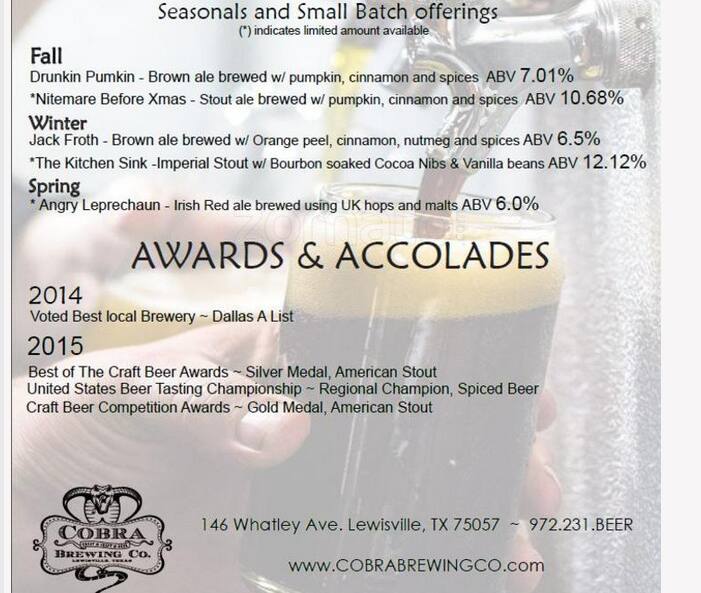 Menu at Cobra Brewing Company restaurant, Lewisville