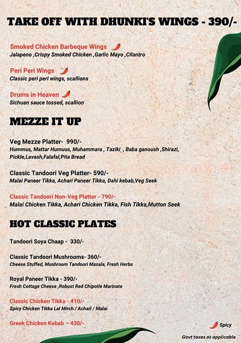 Menu of Dhunki, Lalpur, Ranchi