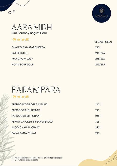 Menu of Masalchi, Sector 8, Chandigarh