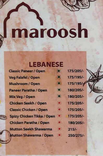 Menu of Maroosh, Santacruz East, Mumbai
