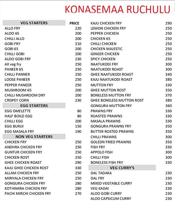 Menu of Konasemaa Ruchulu, Madhapur, Hyderabad