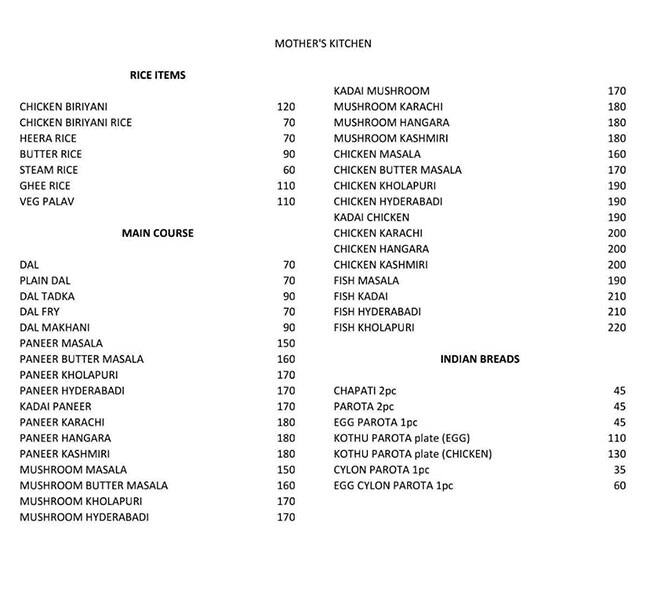 Menu of Mother's Kitchen, Hennur, Bangalore