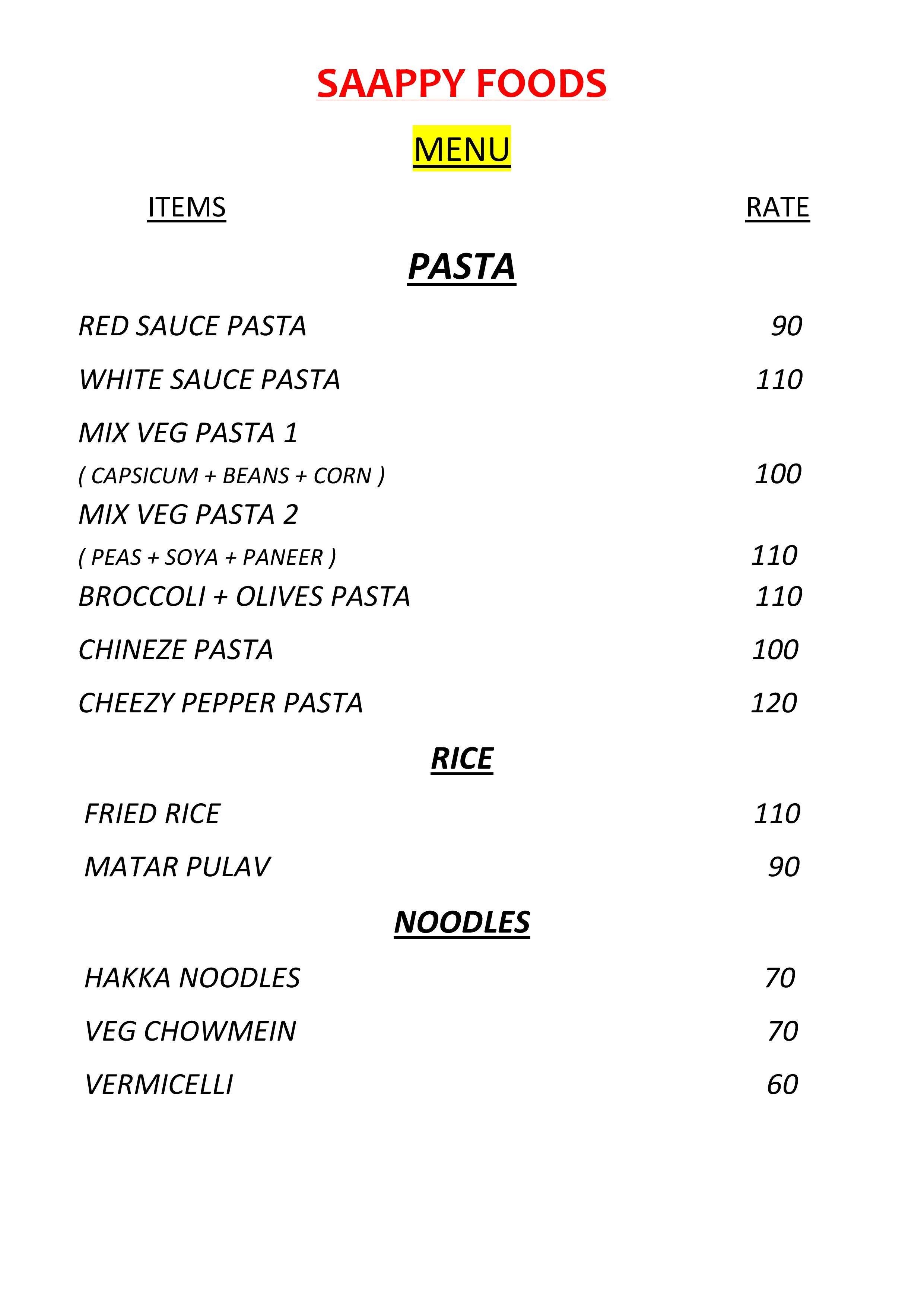 Menu of Saappy Foods, Meerut Cantt, Meerut