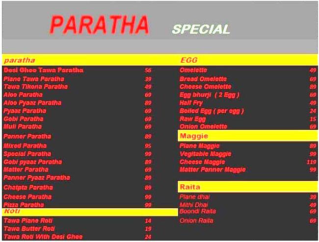 Menu of Paratha Special, Ambedkar Road, Ghaziabad