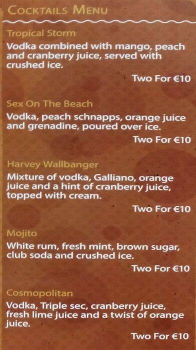 Menu at Portobello Bar, Dublin