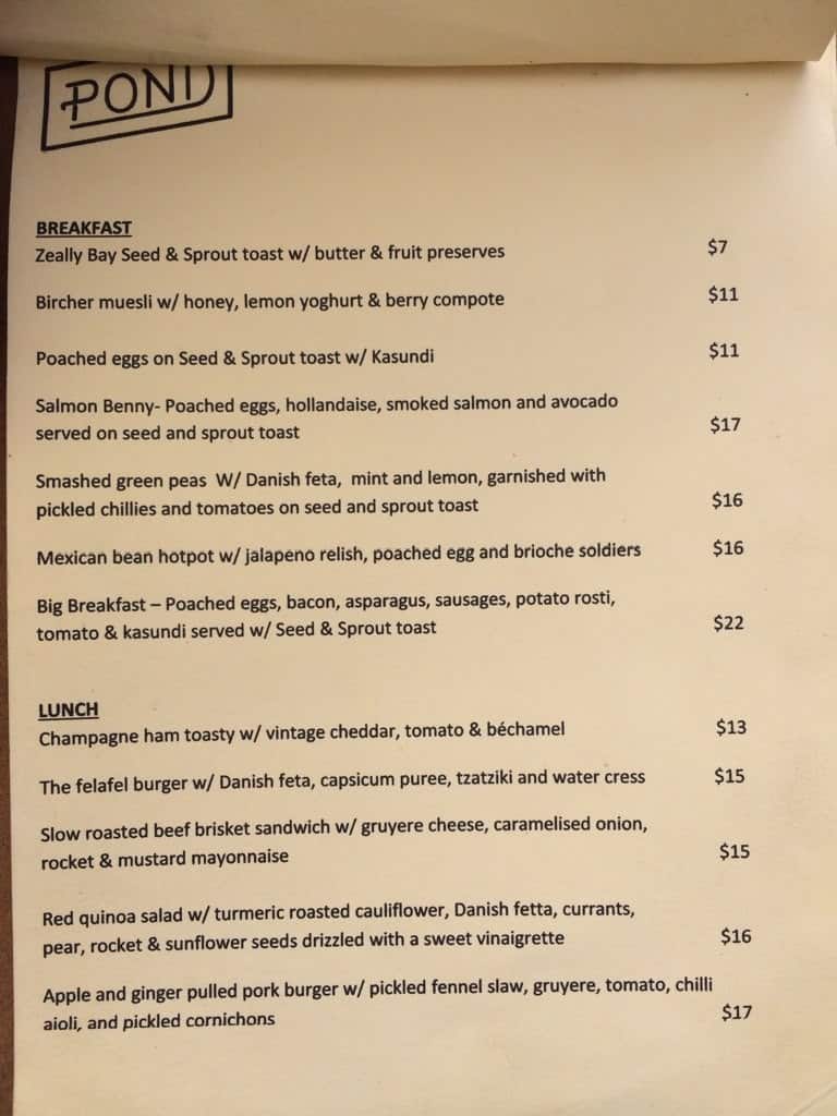 Menu at Pond Cafe, Torquay