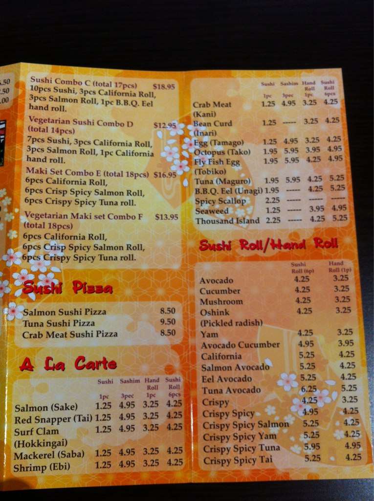 Menu at Happy Sushi restaurant, Halifax