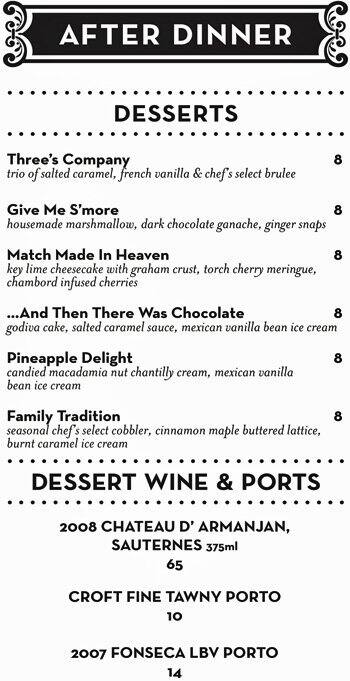 Menu at Foxhole Culinary Tavern desserts, Austin