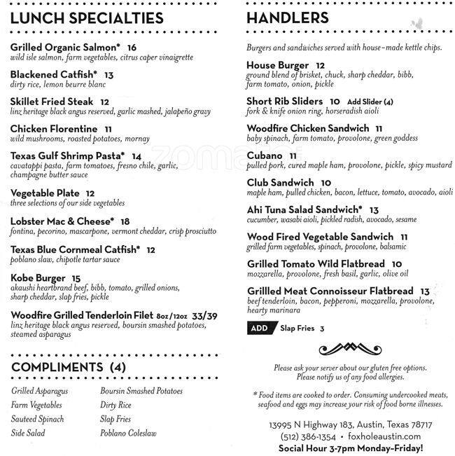 Foxhole Culinary Tavern Menu, Menu for Foxhole Culinary Tavern, Avery ...