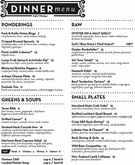 Menu at Foxhole Culinary Tavern desserts, Austin