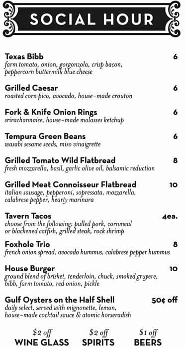 Menu at Foxhole Culinary Tavern desserts, Austin