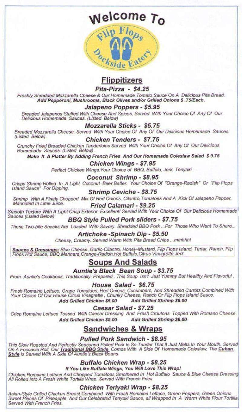 Menu at Flip Flops Dockside Eatery restaurant, Fort Lauderdale