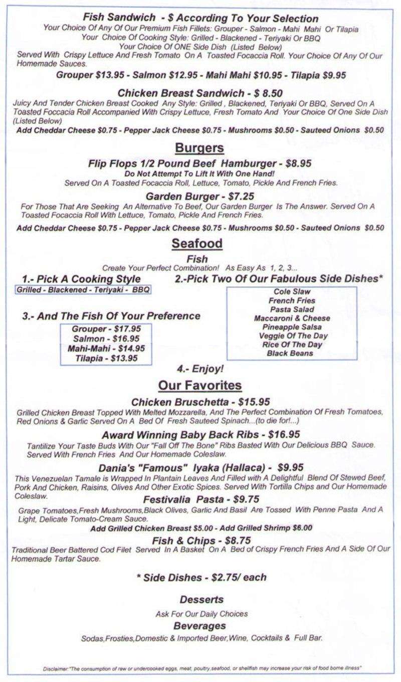 Menu at Flip Flops Dockside Eatery restaurant, Fort Lauderdale