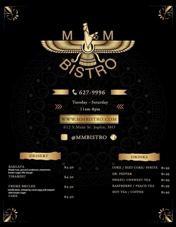 Menu at M&M Bistro restaurant, Joplin