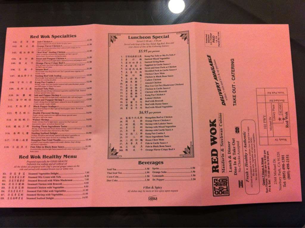 Menu at Red Wok restaurant, Thousand Oaks, Michael Dr