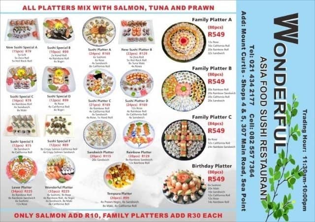 Menu at Wonderful Sushi Restaurant, Cape Town