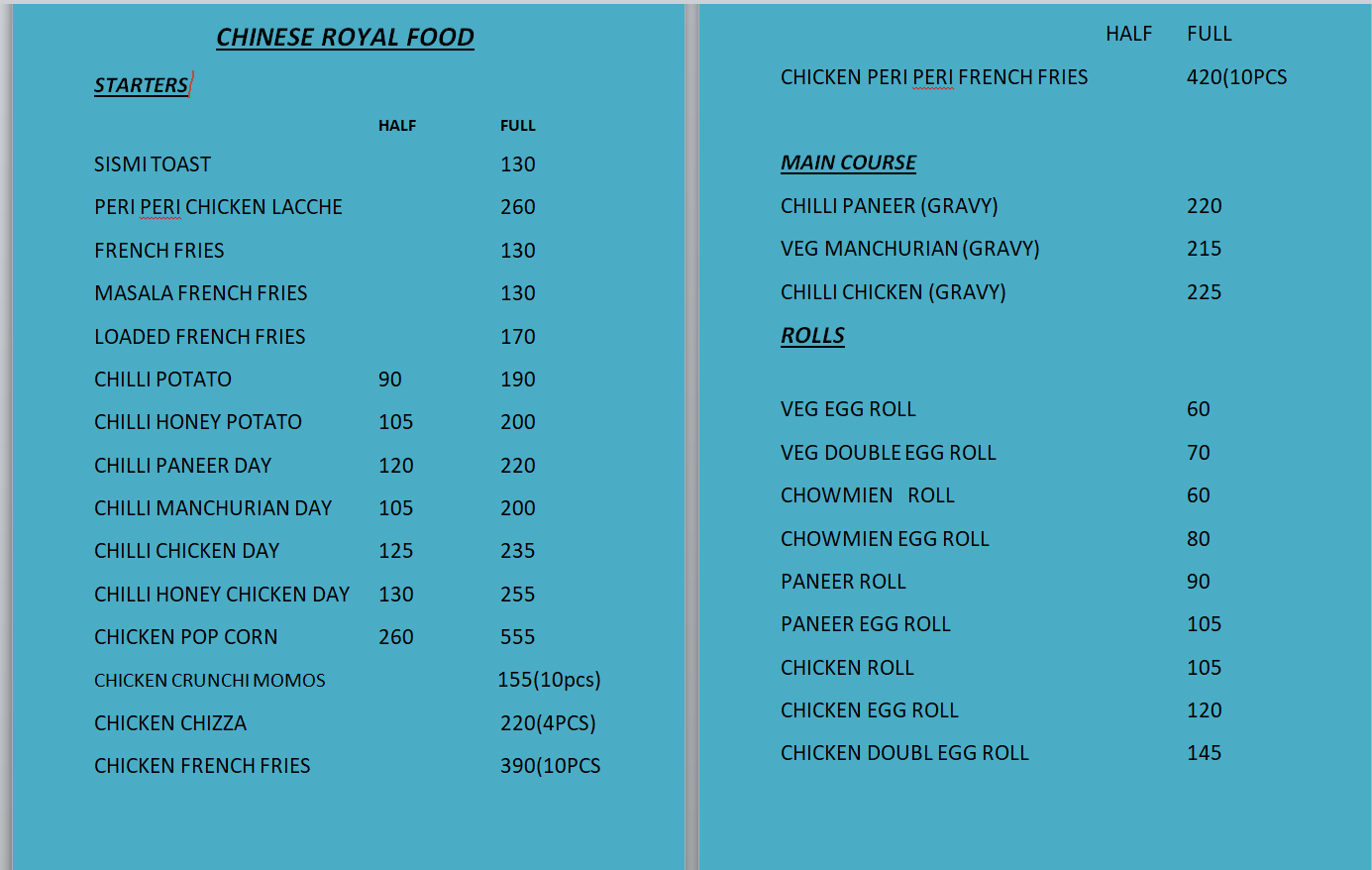 Menu of Chinese Royal Food, Laxmi Nagar, New Delhi