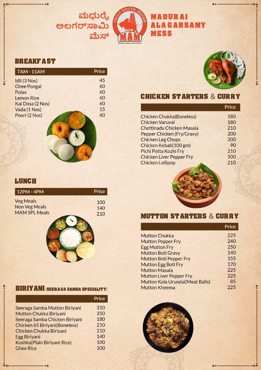 Menu at Madurai Alagarsamy Mess, Bengaluru