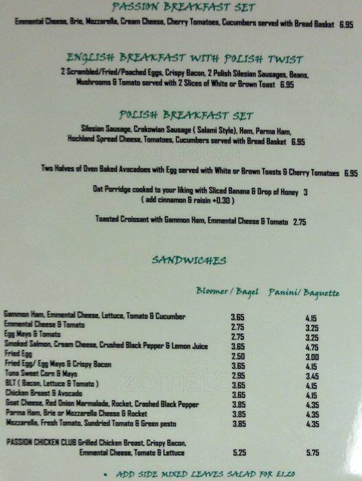 Menu at Passion Cafe, London, 549 Green Lanes