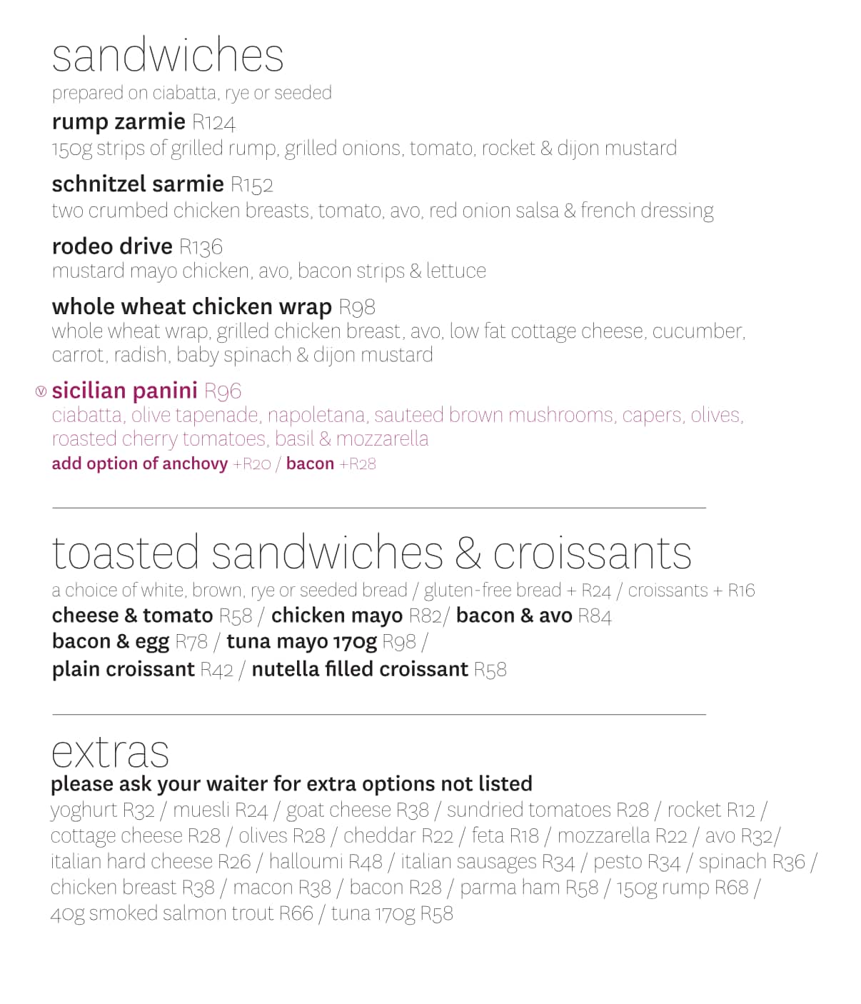 Menu at tashas Bedfordview cafe, Johannesburg, Shop 12