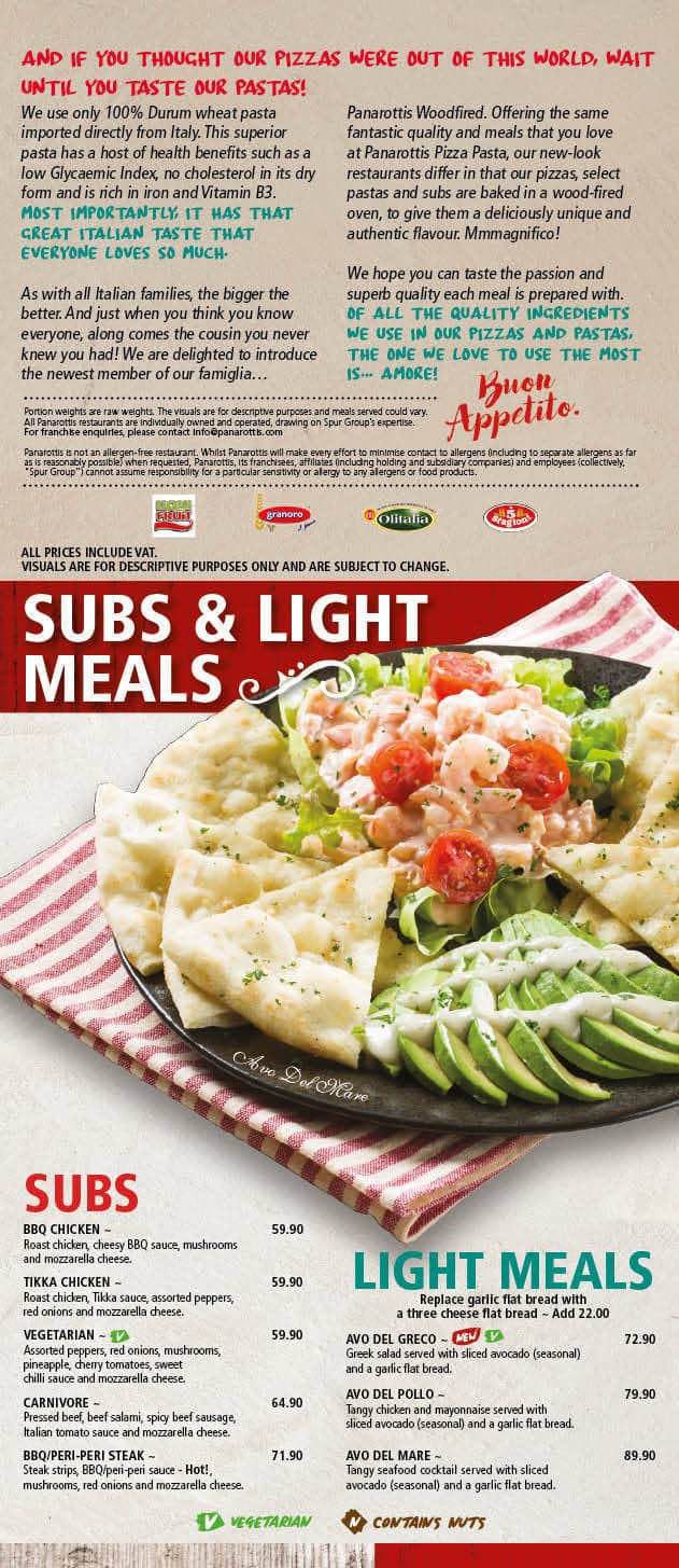 Menu at Panarottis North Beach pizzeria, Durban