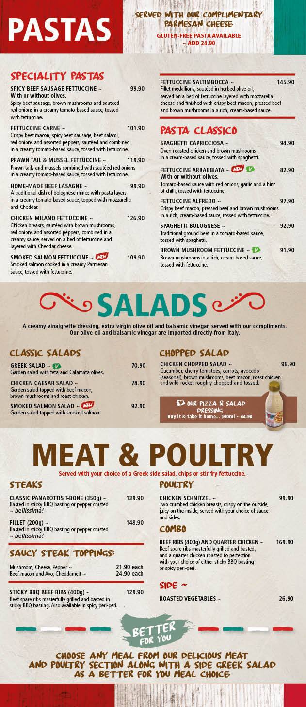 Menu at Panarottis North Beach pizzeria, Durban