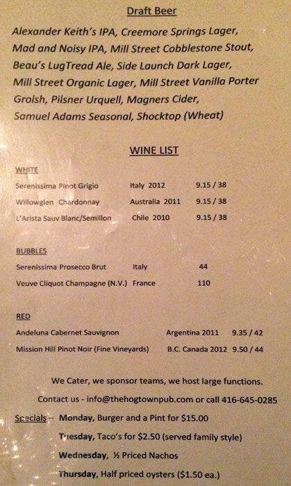 Menu at The Hogtown Pub and Oysters, Toronto