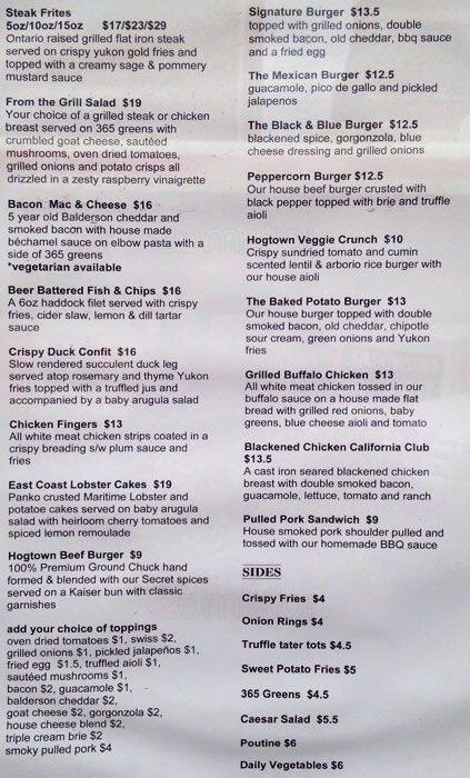 Menu at The Hogtown Pub and Oysters, Toronto