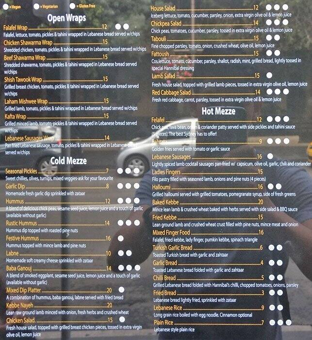 Menu at Hannibal fast food, Surry Hills