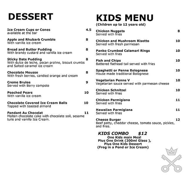 Menu at Cross Keys Hotel restaurant, Essendon