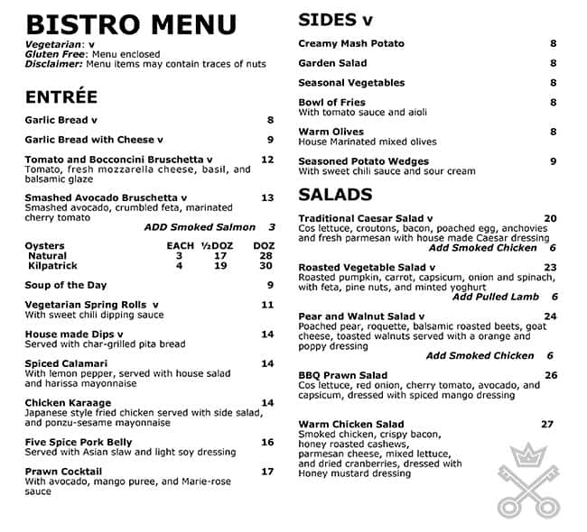 Menu at Cross Keys Hotel restaurant, Essendon