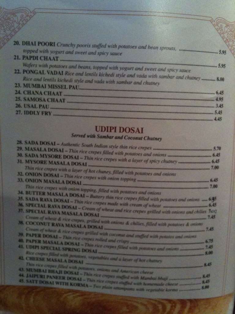 Menu at Udipi Cafe, Tampa