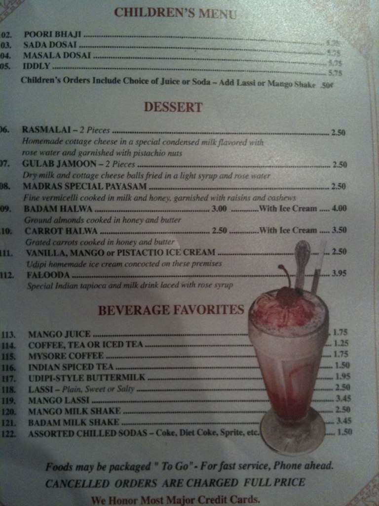 Menu at Udipi Cafe, Tampa