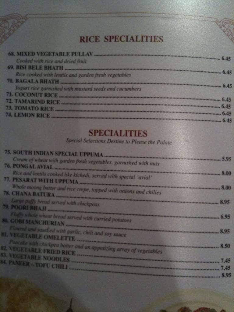 Menu at Udipi Cafe, Tampa