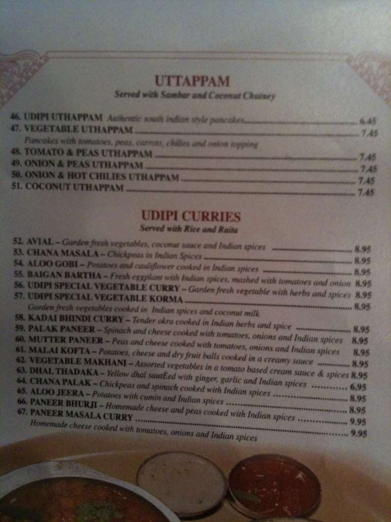 Menu at Udipi Cafe, Tampa
