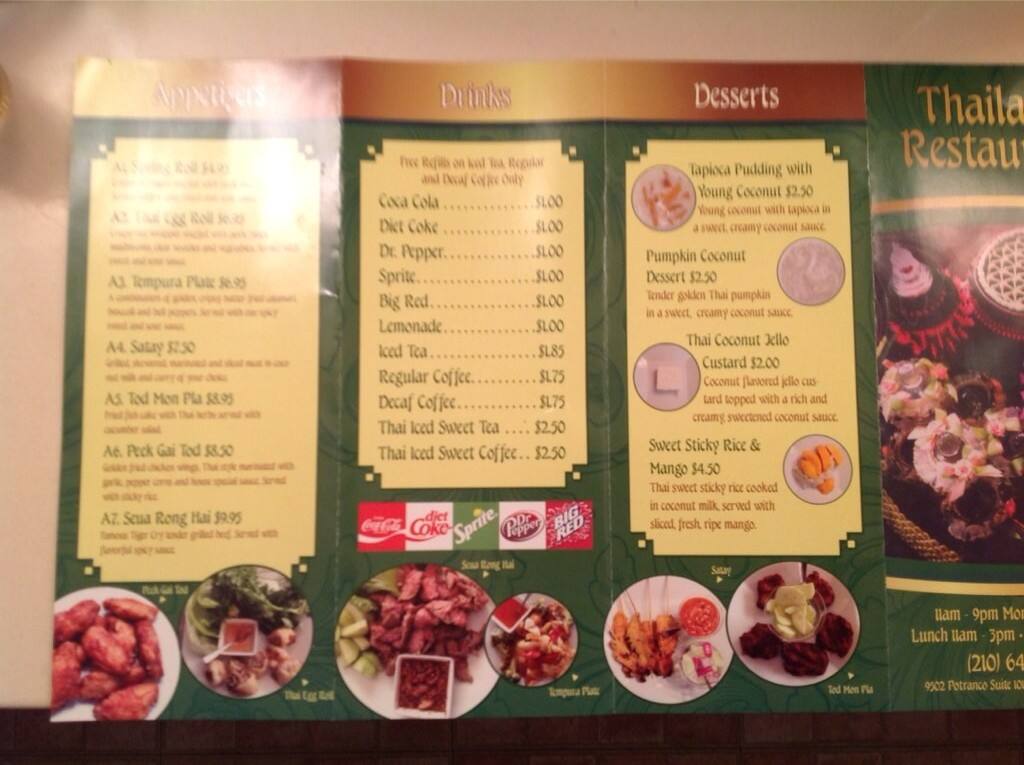 Menu at Taste Of Thailand Restaurant, San Antonio