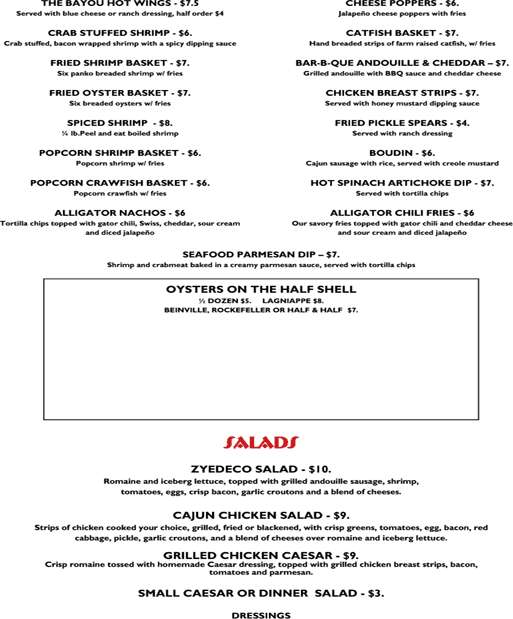 Menu at Bayou Bar & Grille, Memphis