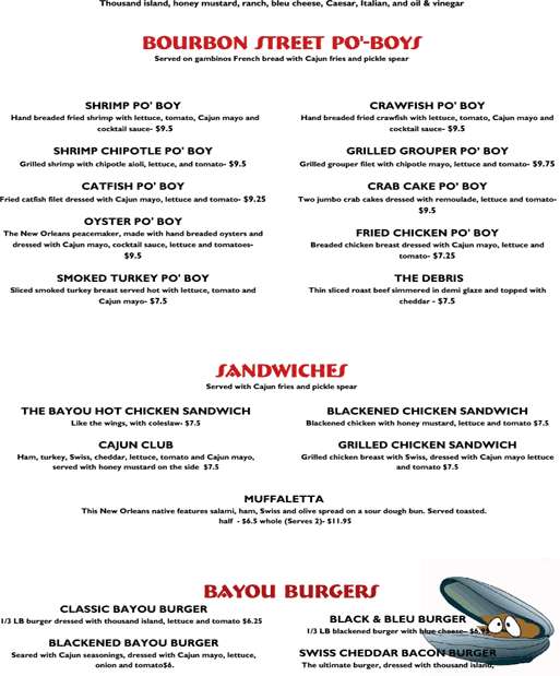 Menu at Bayou Bar & Grille, Memphis