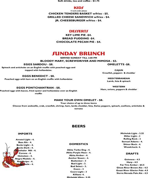 Menu at Bayou Bar & Grille, Memphis