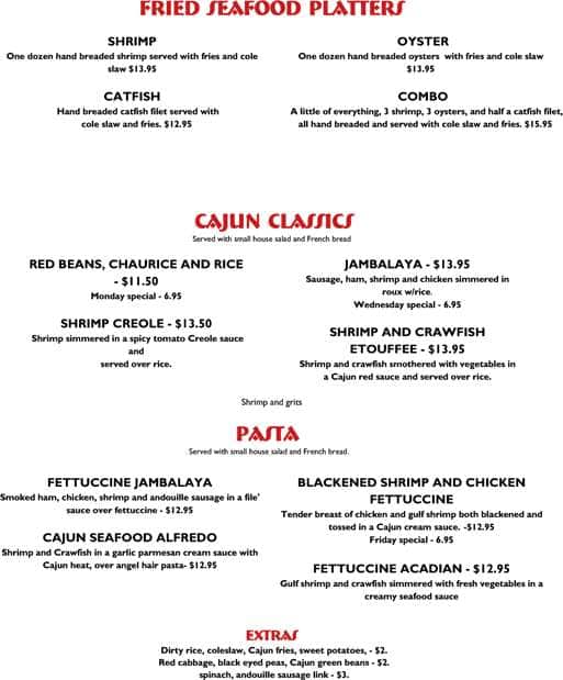 Menu at Bayou Bar & Grille, Memphis