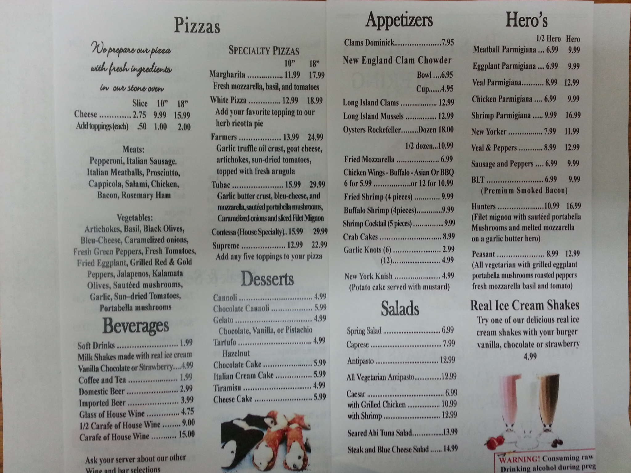 Menu at The Italian Peasant pizzeria, Tubac
