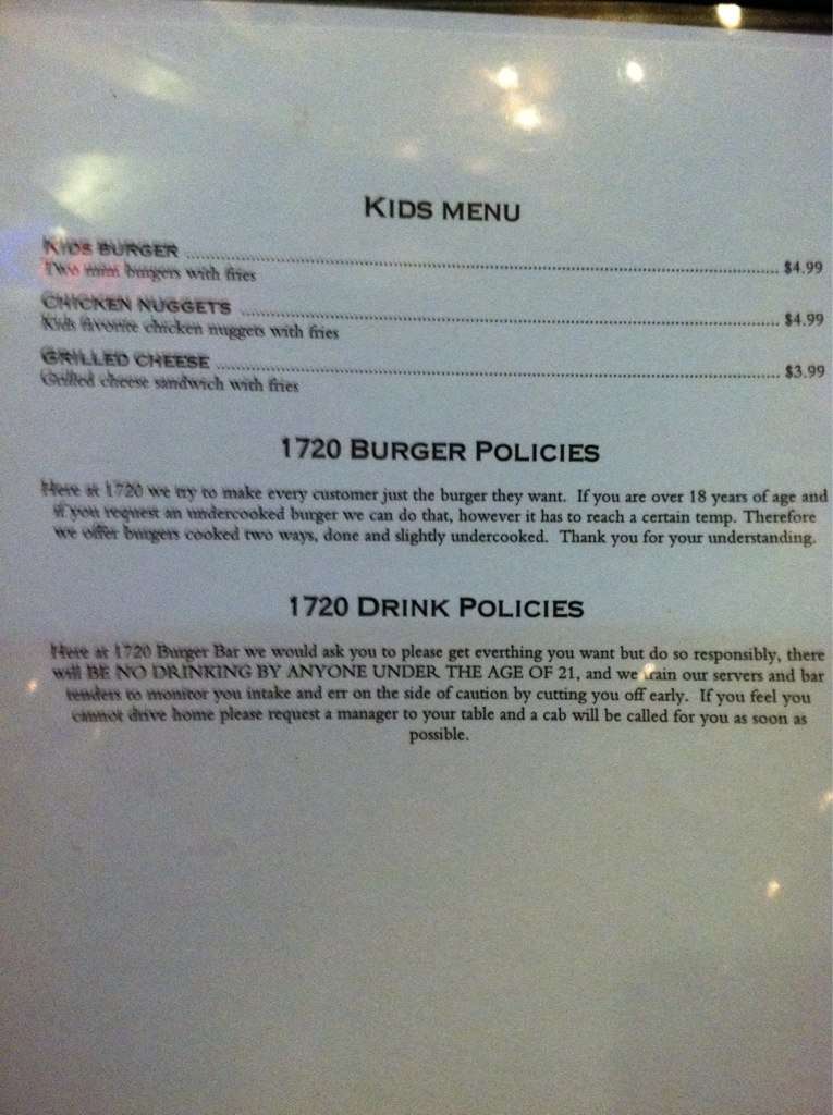 Menu at 1720 Burger Bar, Florence