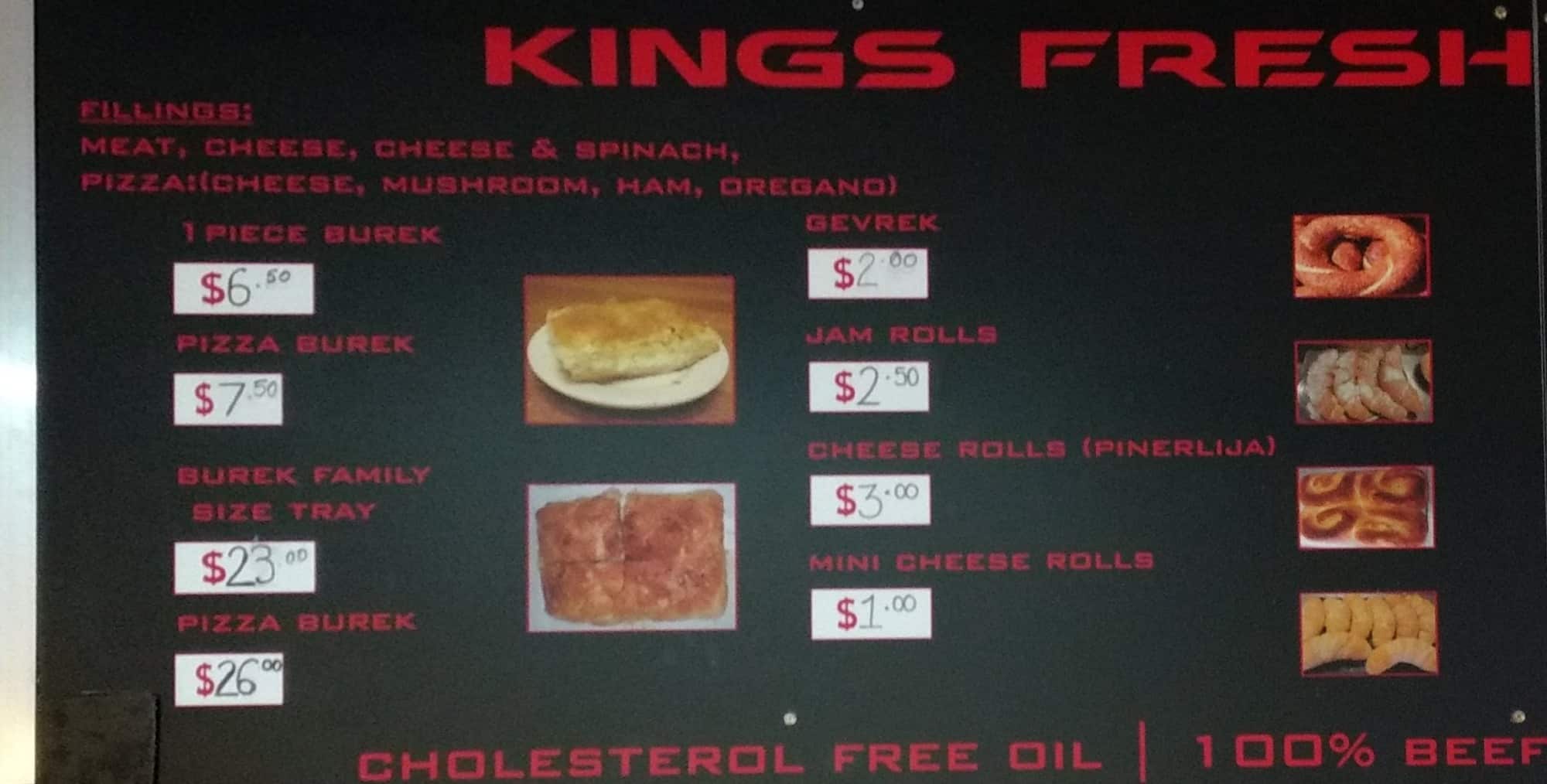 Menu at Kings Fresh Burek, Lalor