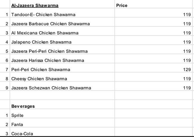 Menu of Al-Jazeera Shawarma, Kurla, Mumbai