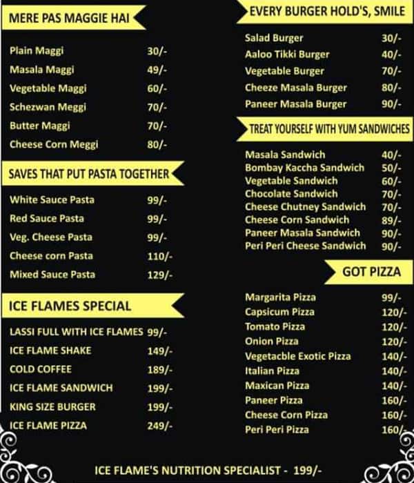 Menu of Ice Flames Cafe, Rajendra Nagar, Indore