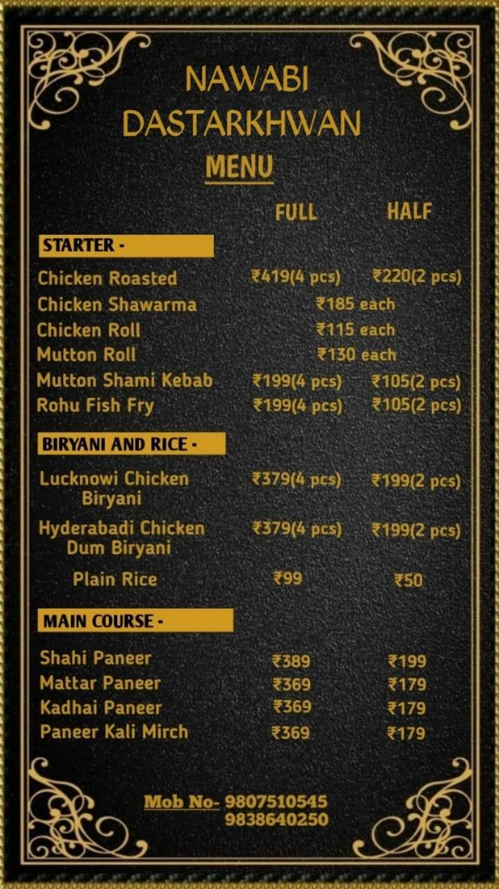 Menu of Nawabi Dastarkhwan, Indira Nagar, Lucknow
