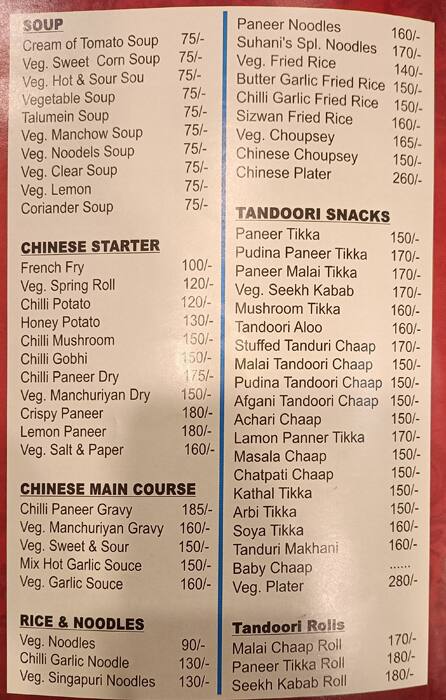 Menu of Suhani Restaurant, Shahdara, New Delhi