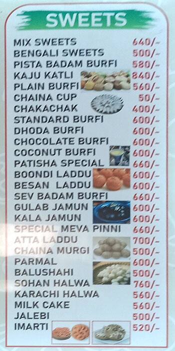 Menu of Standard Sweets, Chawri Bazar, New Delhi