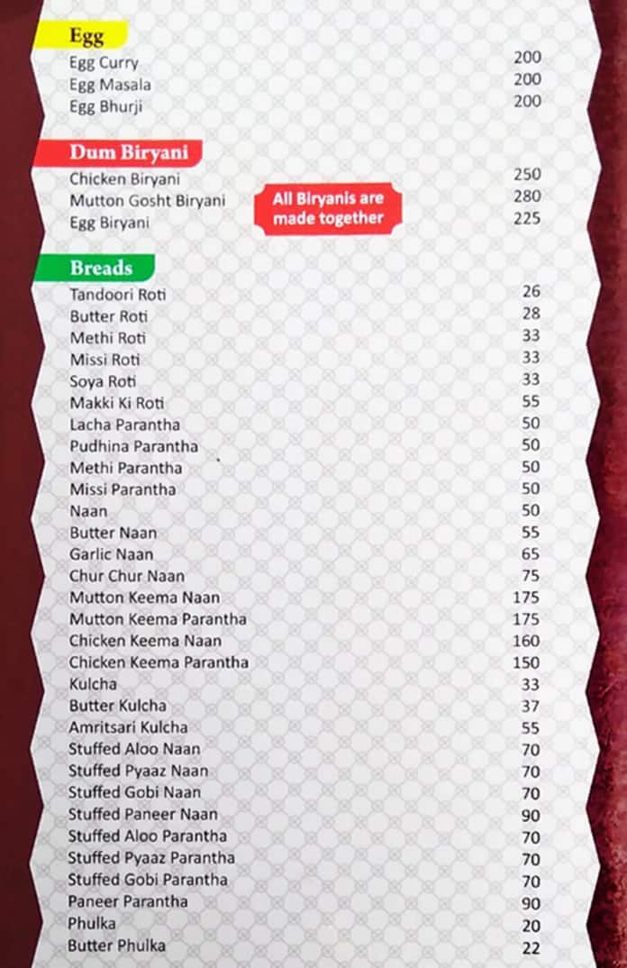 Menu of The Punjabi Rasoi, Whitefield, Bangalore